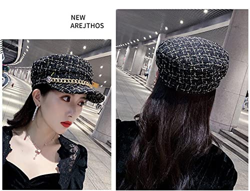 Women Plaid-Tweed Newsboy-Baker-Boy Hat Captain-Sailor Fisherman Hat Peaked-Beret with Chain Black