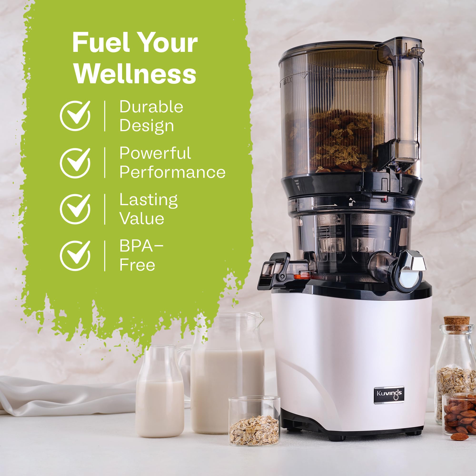 Kuvings AUTO10 Cold Press Juicer White - Hands-Free Masticating Juicer With 240W Motor - Quiet Electric Juicer Machine With 100 Ounce Batching Hopper for Juice, Smoothies, Nut Milk, and Sorbets