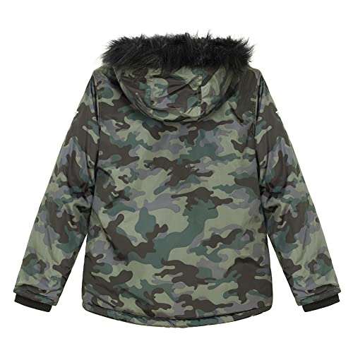 SNOW DREAMS Boys Winter Coat Puffer Jackets Fur Hooded Ski Jacket Camo Fleece Lined Army Green Size 14
