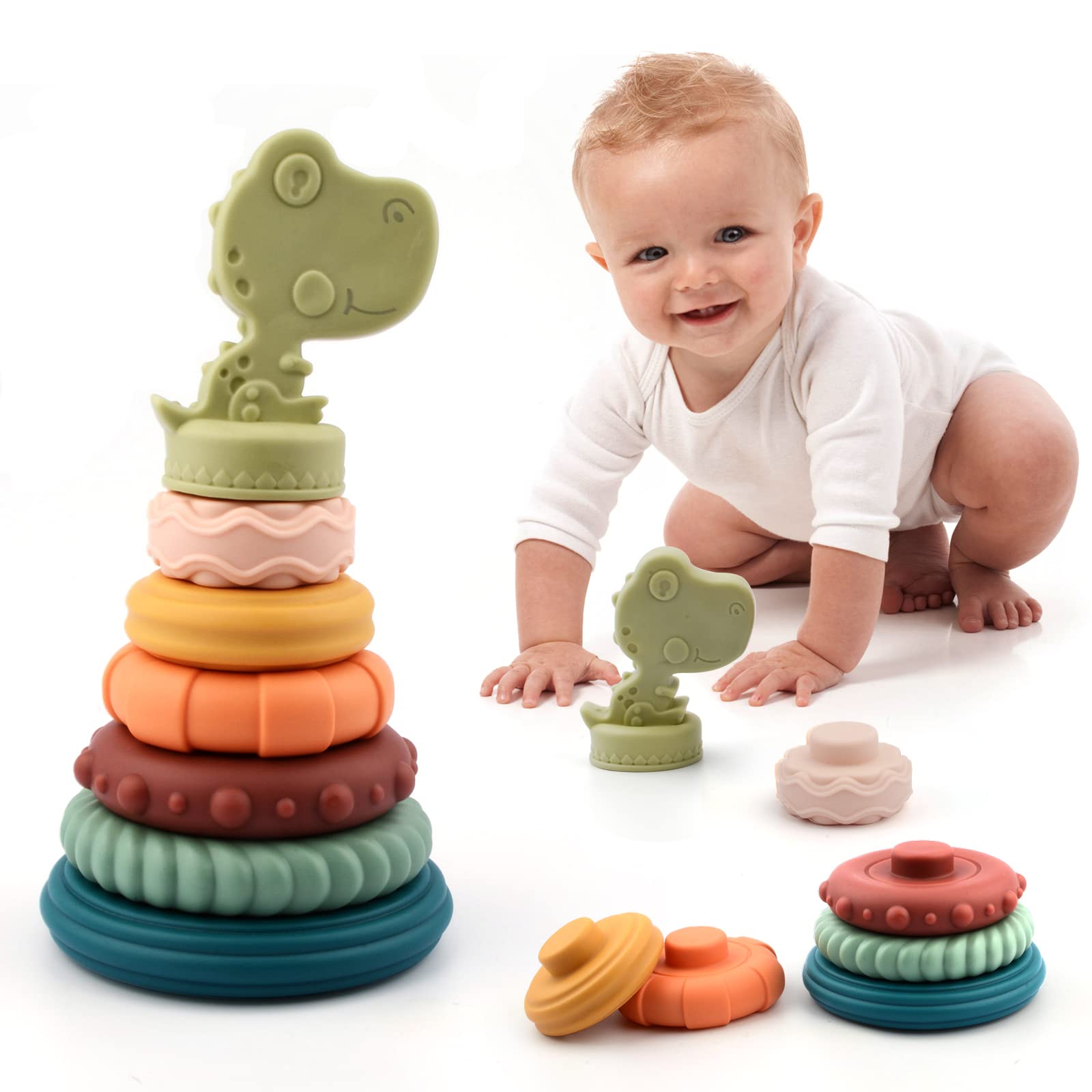 Fuwane 7Pcs Dinosaur Baby Stacking Toys, Nesting Circle Toy Building Rings Stacker & Teethers Squeeze Play with Early Educational Toy Baby Essentials for 6 9 12 15 18 Months Newborn Toddler