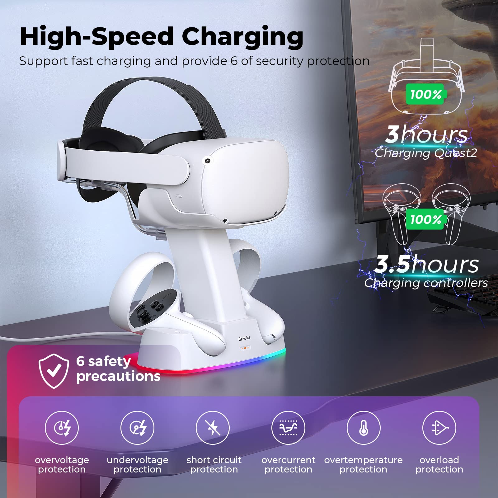 Gamulus RGB Charging Dock for Meta Quest 2, VR Headset & Controllers Magnetic Fast Charger Docking Station Stand, 2200mAh Rechargeable Batteries, 7 Lighting Modes and Fantastic Gaming Atmosphere