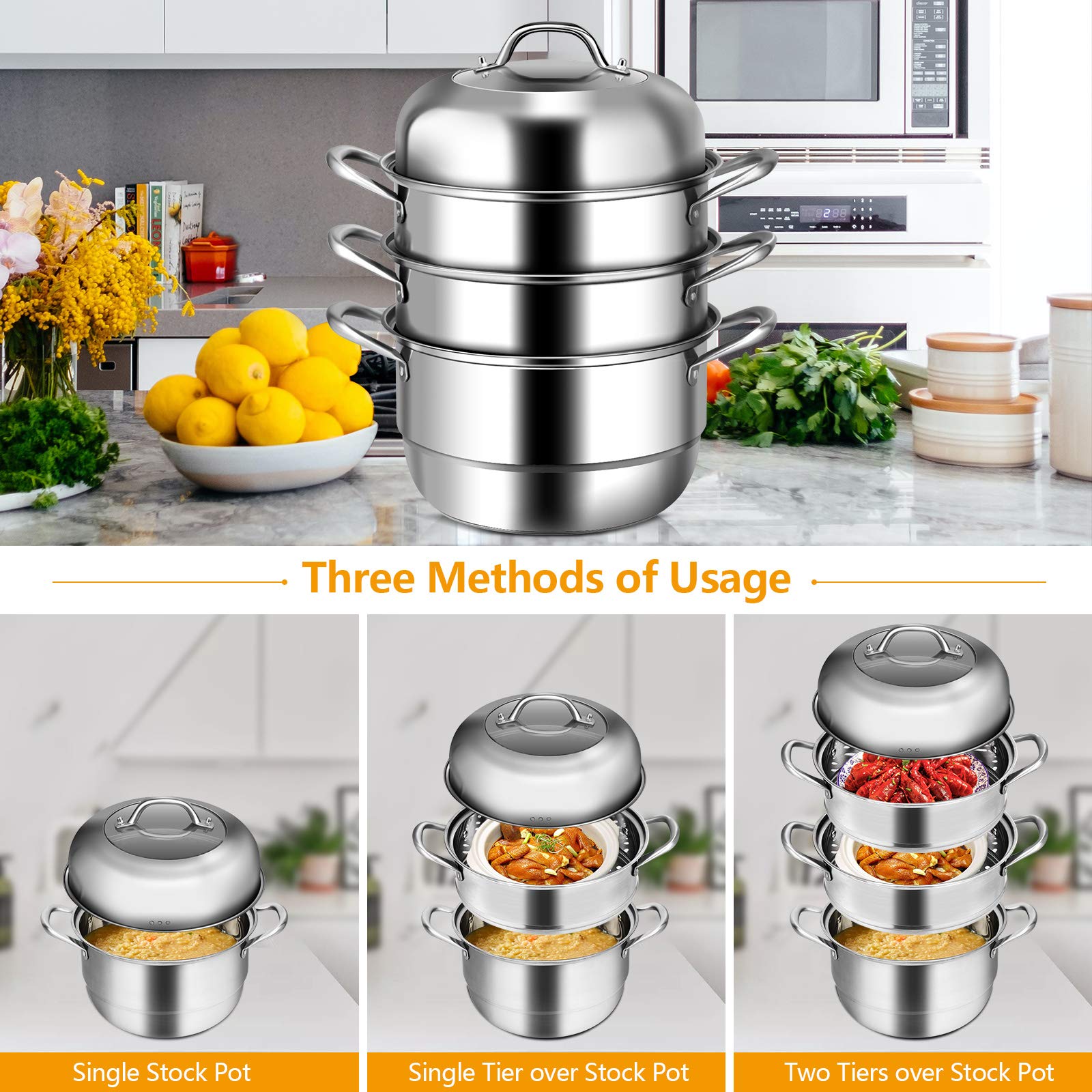 PETSITE 3-Tier Stainless Steel Steamer Pot, 11" Multi-Layer Cooking Pot, Steam Pot with Handles & Tempered Glass Lid, Steamer for Cooking