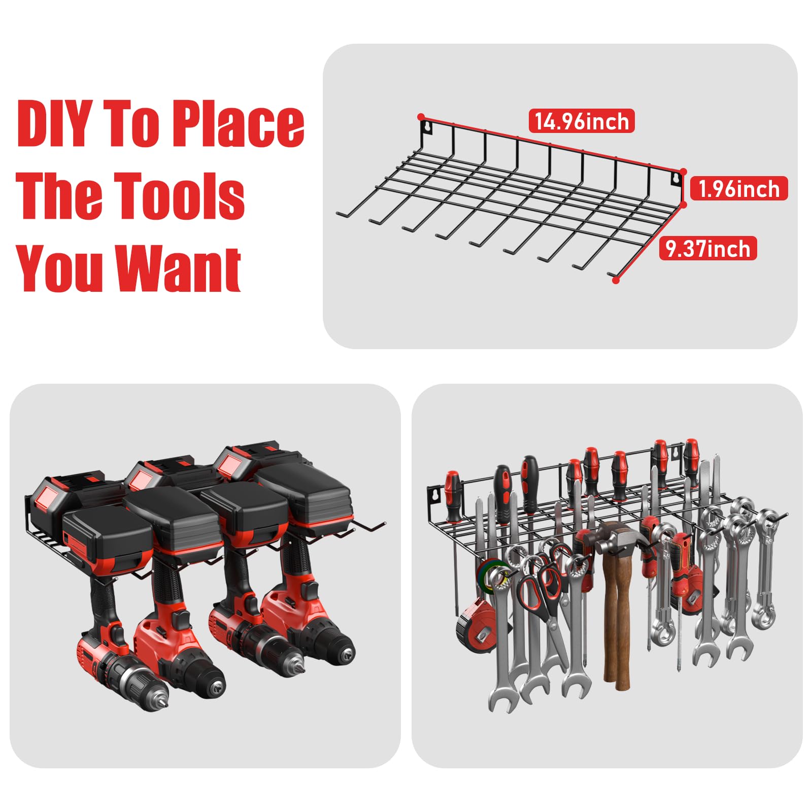 JUNNUJ Tool Organizer with Charging Station, 3 Layers Wall Mount Garage Tools Storage with 8 Outlets Power Strip, 4 Drills Holder Battery Heavy Duty Metal Shelf, Utility Rack with Hooks, Black