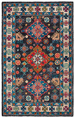 SAFAVIEH Aspen Collection Accent Rug - 3' x 5', Charcoal & Blue, Handmade Boho Wool, Ideal for High Traffic Areas in Entryway, Living Room, Bedroom (APN521H)
