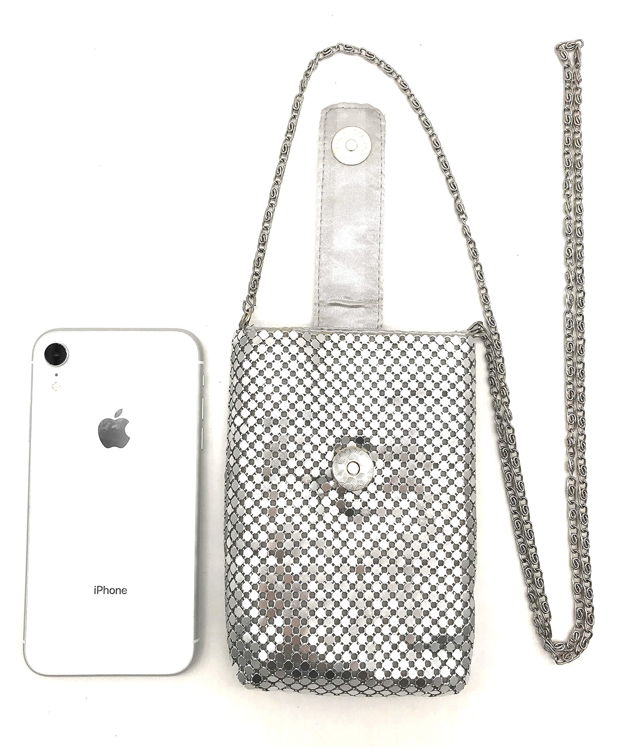 Women's Metal Mesh Small Cell Phone Pouch Bag Case Cross-Body Shoulder Strap (Silver)