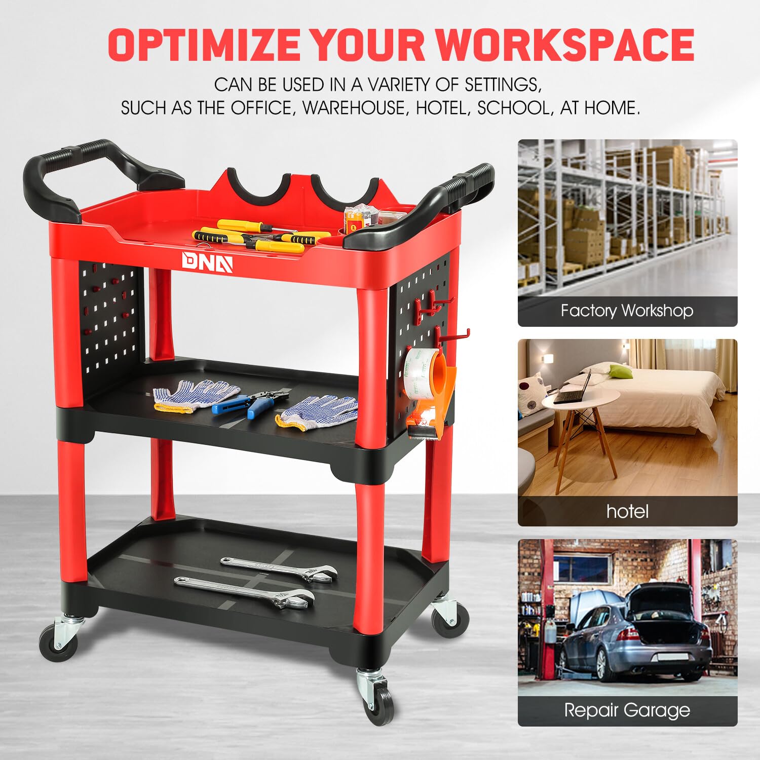 DNA MOTORING 3-Level Heavy Duty Composite Workshop Trolley 120 kg / 260 Lbs Capacity Cart Side Portable On Wheels w/Pegboard for Garage Warehouse Workshop Use, Black/Red, TOOLS-00429