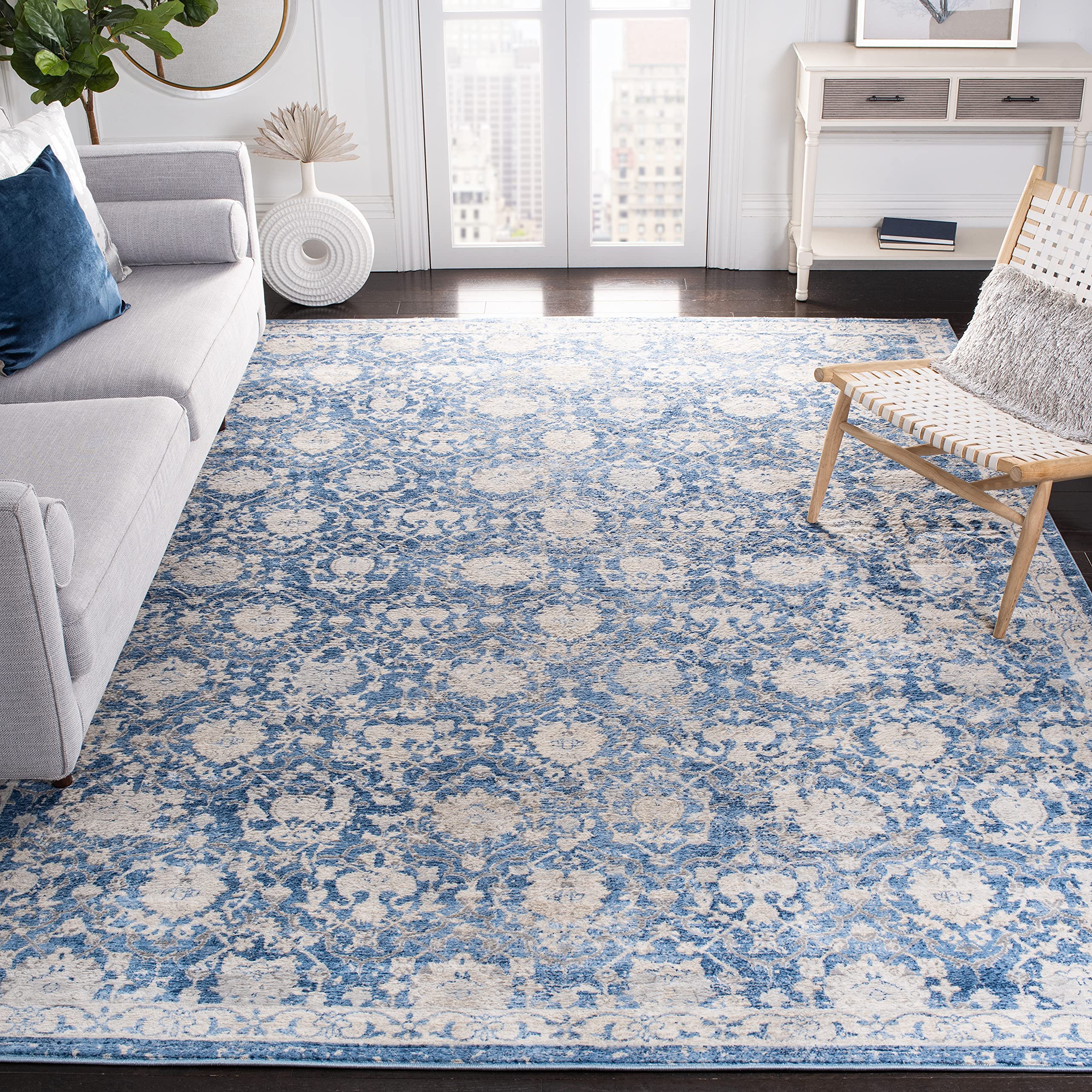 SAFAVIEH Brentwood Collection 11' x 15' Navy / Cream BNT896N Floral Distressed Non-Shedding Living Room Bedroom Dining Home Office Area Rug