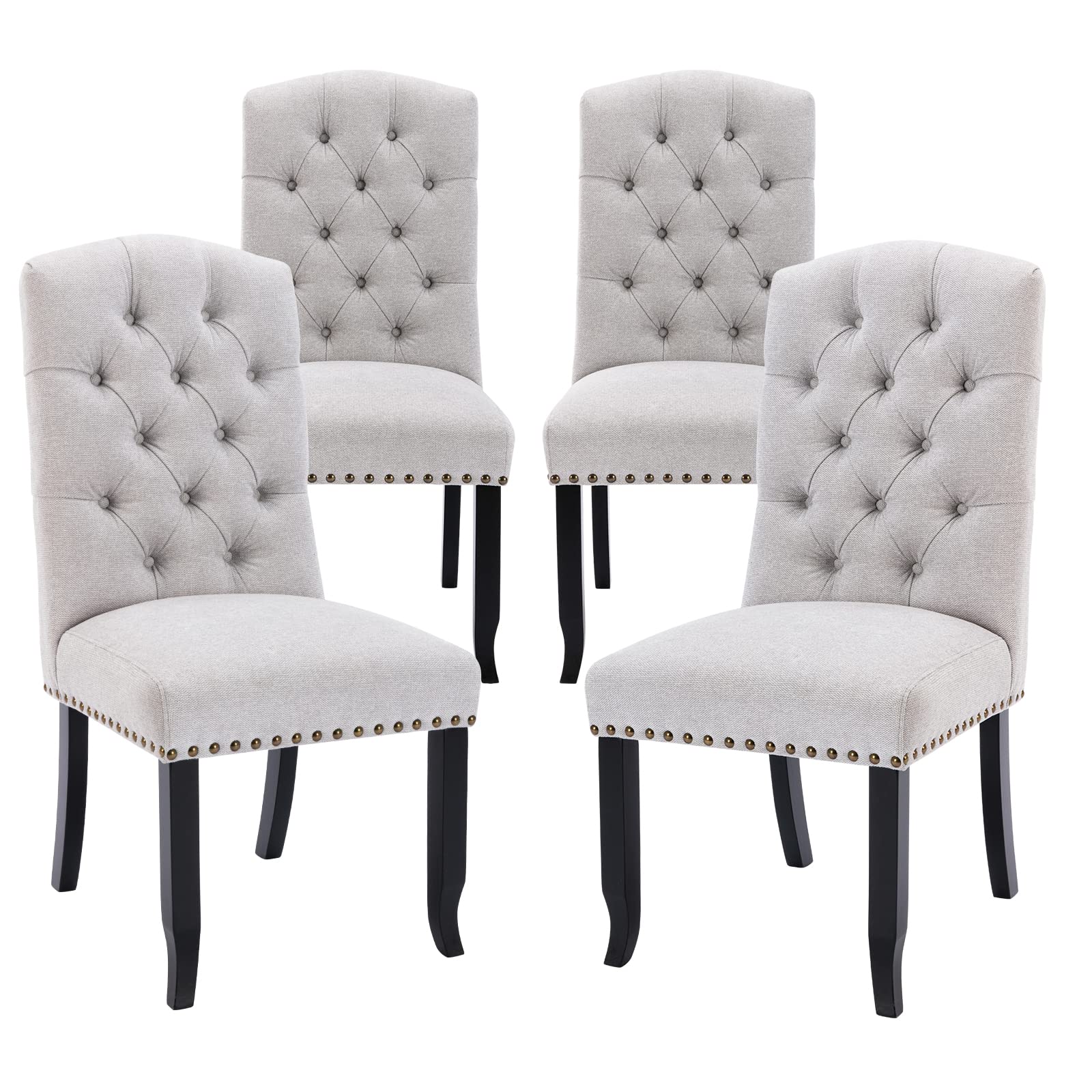 COLAMY Button Tufted Dining Chairs Set of 4, Upholstered Parsons Dining Room Chairs, Fabric Kitchen Chairs with Nailhead Trim and Wood Legs, Light Grey