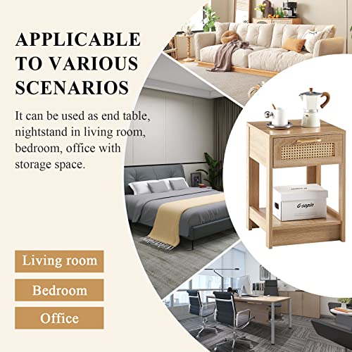 LETESA Rattan Nightstands Set of 2, with Rattan Decor Drawer and Open Shelf, Bed Side Tables with Solid Wood Feet, End Table, Night Stands, for Bedroom, Living Room (2, Natural-Square)