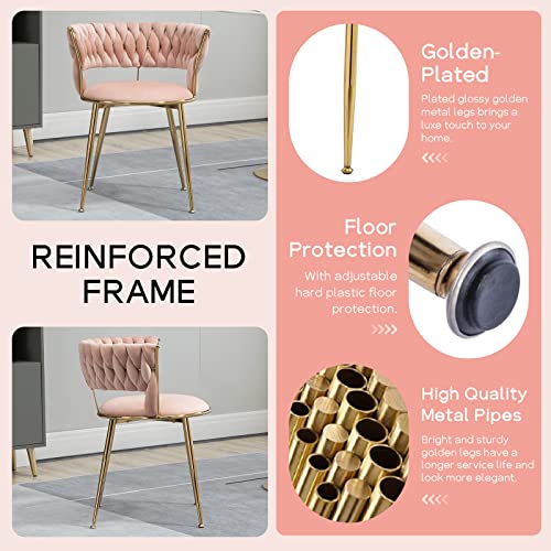 LETESA Velvet Dining Chairs Set of 2 with Hand Woven Hollow Backrest Design, Modern Upholstered Accent Chairs with Gold Metal Legs, Vanity Chairs for Dining Room, Living Room (Pink)