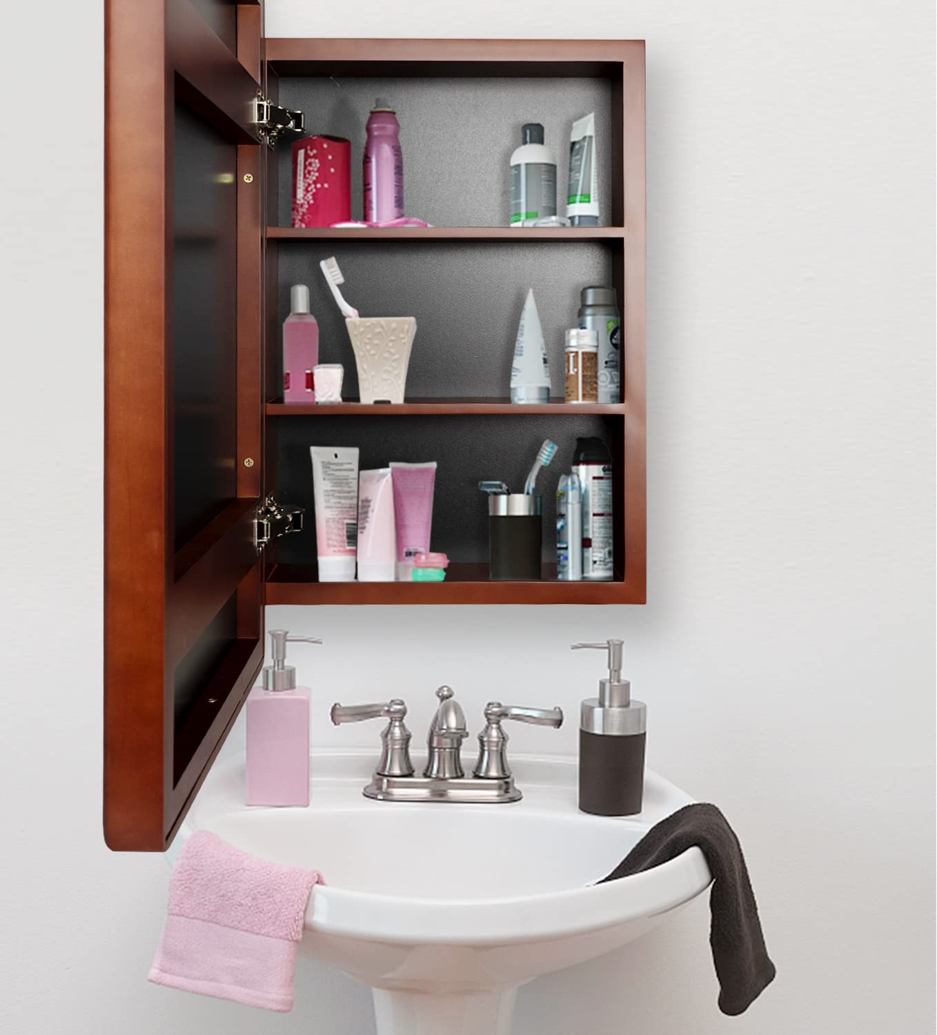 Medicine Cabinet Bathroom Mirror, 24''x16'' Farmhouse Wood Frame Bathroom Medicine Cabinet with Mirror, Vanity Mirrors Recess or Surface Mounted Installation (Brown)