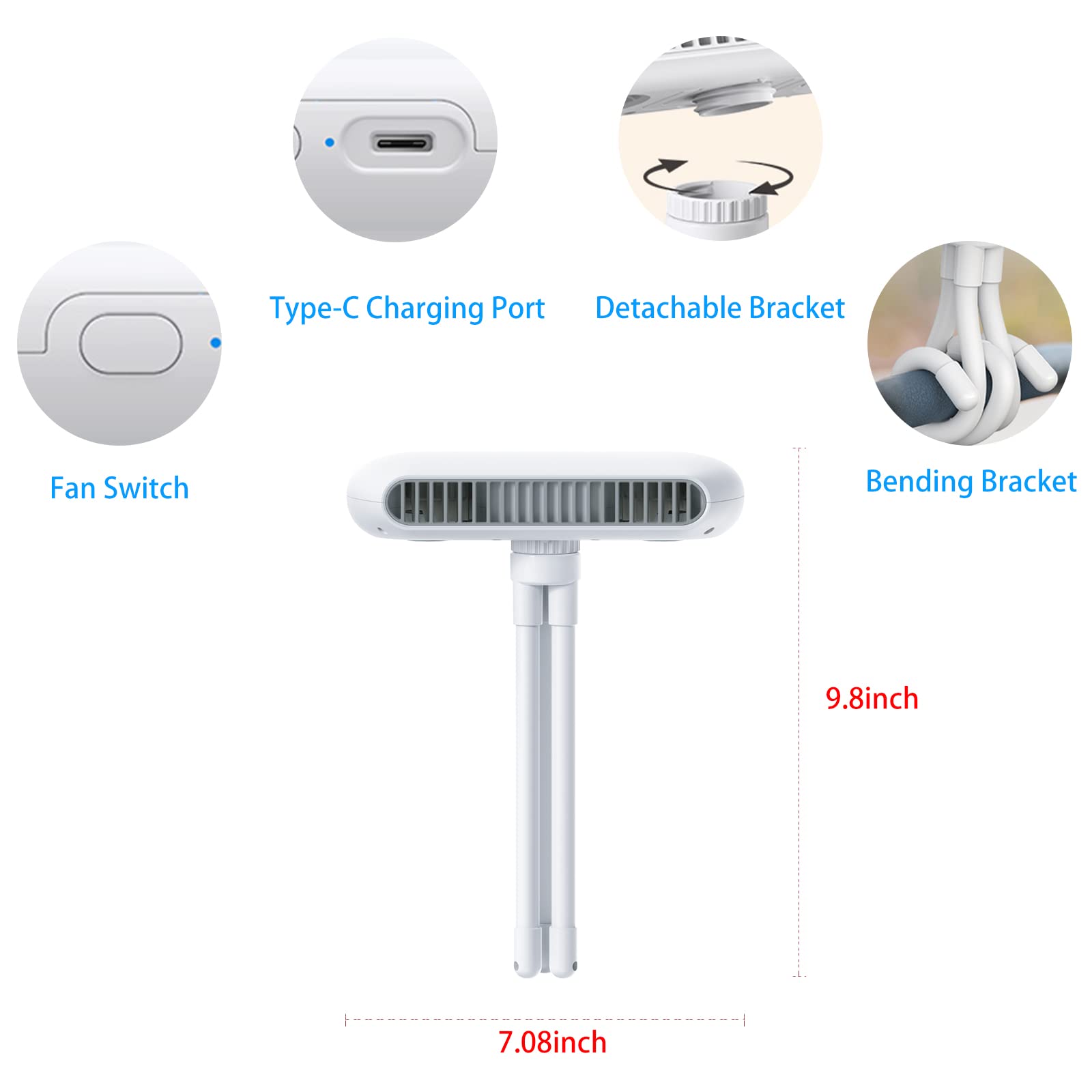 Ganwawo Stroller Fan,Portable stroller Fan,Adjustable tripod fan,USB rechargeable mini fan,Fan for Stroller,Car Seat,Tricycle,Office desk,bedroom,Treadmill,Camping (White)