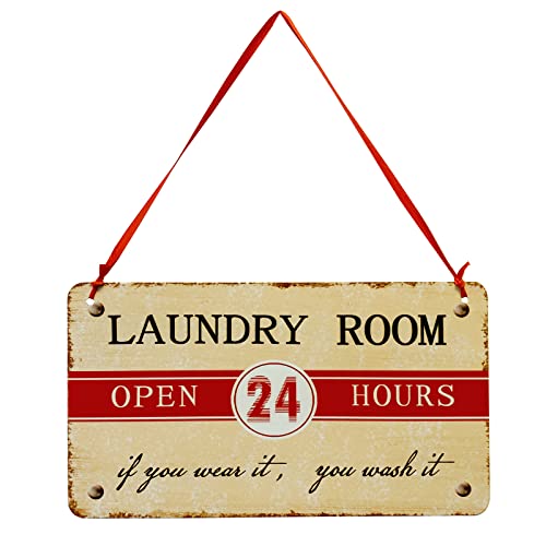 Laundry Room Decor Hanging Laundry Sign Open 24 Hours Metal Wall Art - Vintage Farmhouse Wash Room Accessories Decorative Iron Home Signs Rustic Bathroom Décor