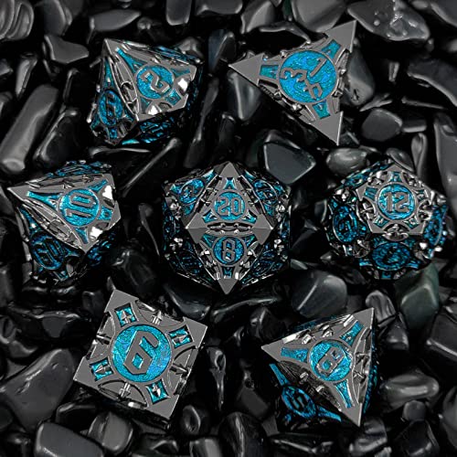 DND Dungeons and Dragons Dice with Gift Box & Dice Bag Metal Polyhedral Large D&D Dice Set for RPG MTG Pathfinder Role Playing Dice D and D Dice D20 D12 D10 D8 D6 D4 Black Flash Blue