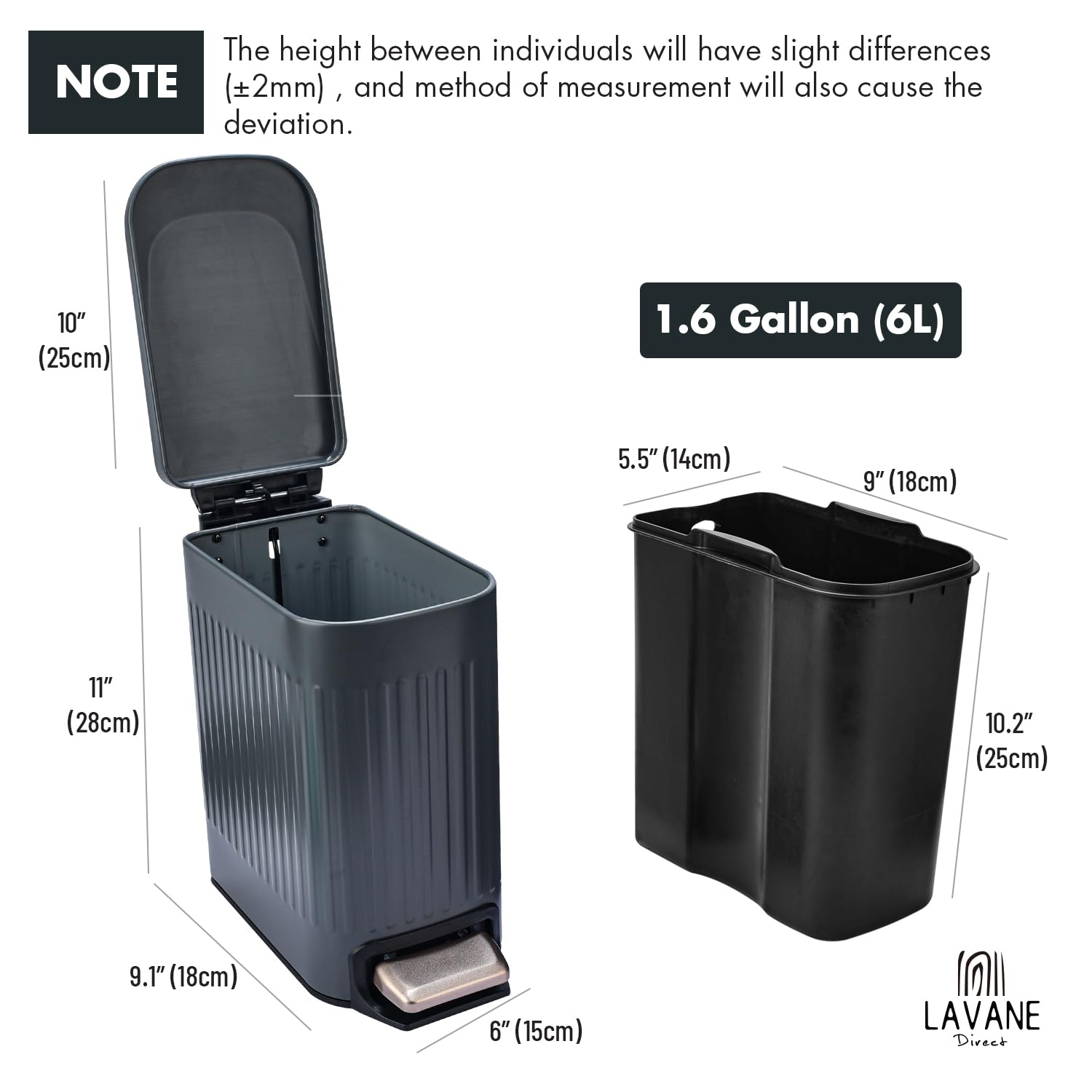 La Vane 6 Liter / 1.6 Gallon Slim Bathroom Trash Can with Lid Soft Close, Stainless Steel Small Grey Garbage Can with Removable Inner Bucket & Step Pedal for Toilet Kitchen Laundry Bedroom Hotel