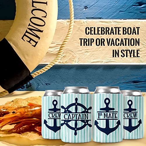The Navy Knot Personalized Can Cooler Sleeves - Regular Cans Beverage Foldable Cooler Sleeves, Sweat-Proof Can Huggers for 12oz Beverage Bottles, Cool Boat Accessories, 4 Pk (Nautical Captain & Crew).