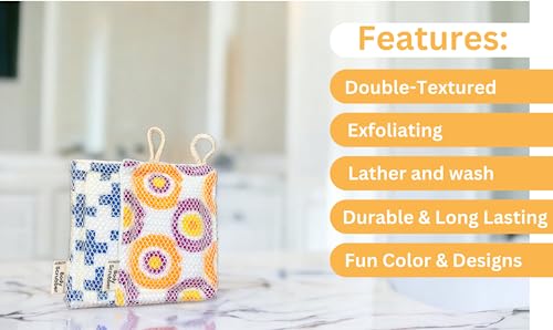 Premium Exfoliating Pad, Scrub, Body Scrubber, Dual-Sided with African Net/Cotton Flannel and Terry Cloth β Bath Shower Sponge-Gets You Clean, Not Just applying Soap β 24 Random Designs (2-Pack)