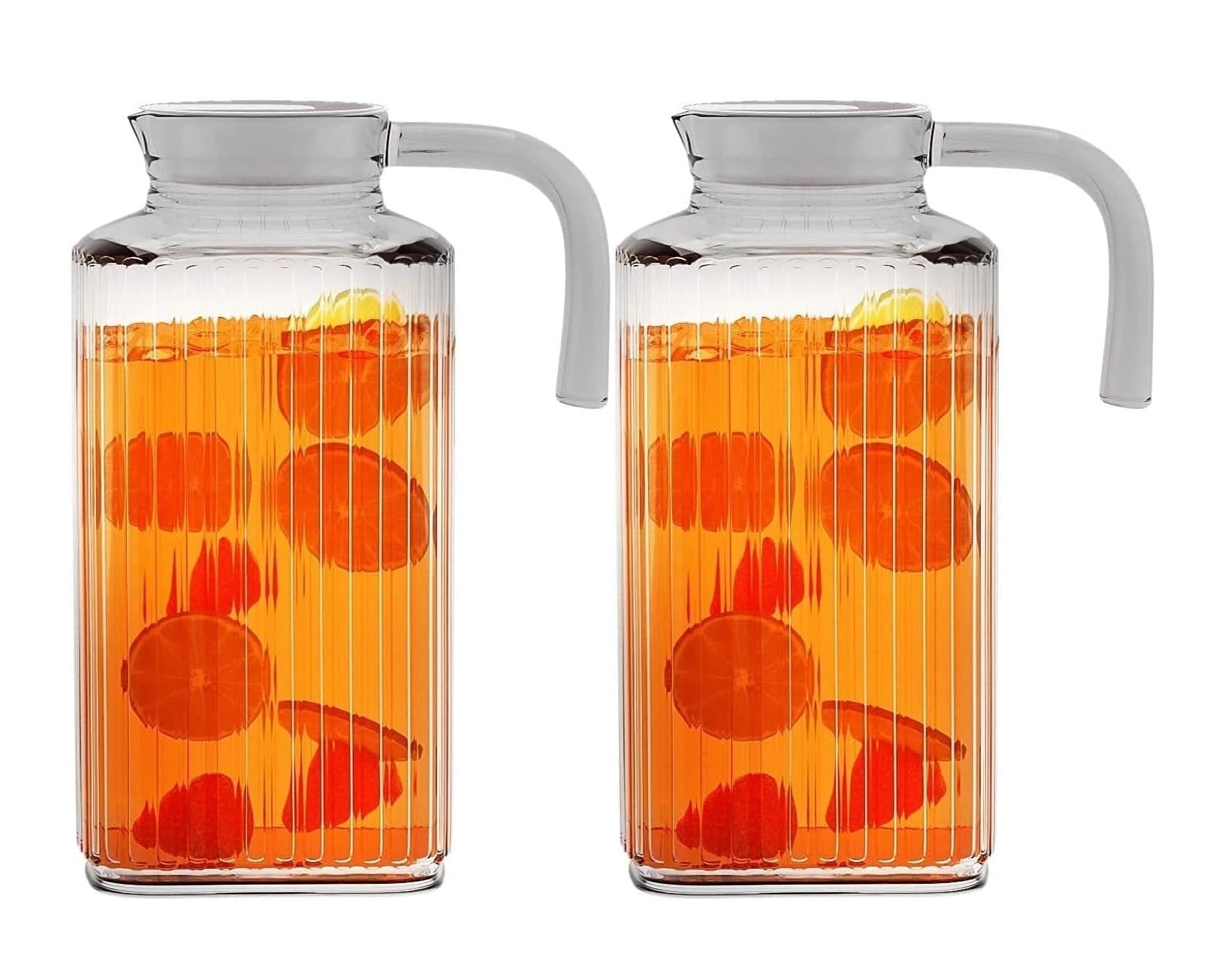 Fridge Pitcher Set of 2– 60 OZ. Glass Water Pitcher with Lid By Home Essentials & Beyond Practical and Easy to use Fridge Pitcher Great for Lemonade, Iced Tea, Milk, Cocktails and more Beverages.