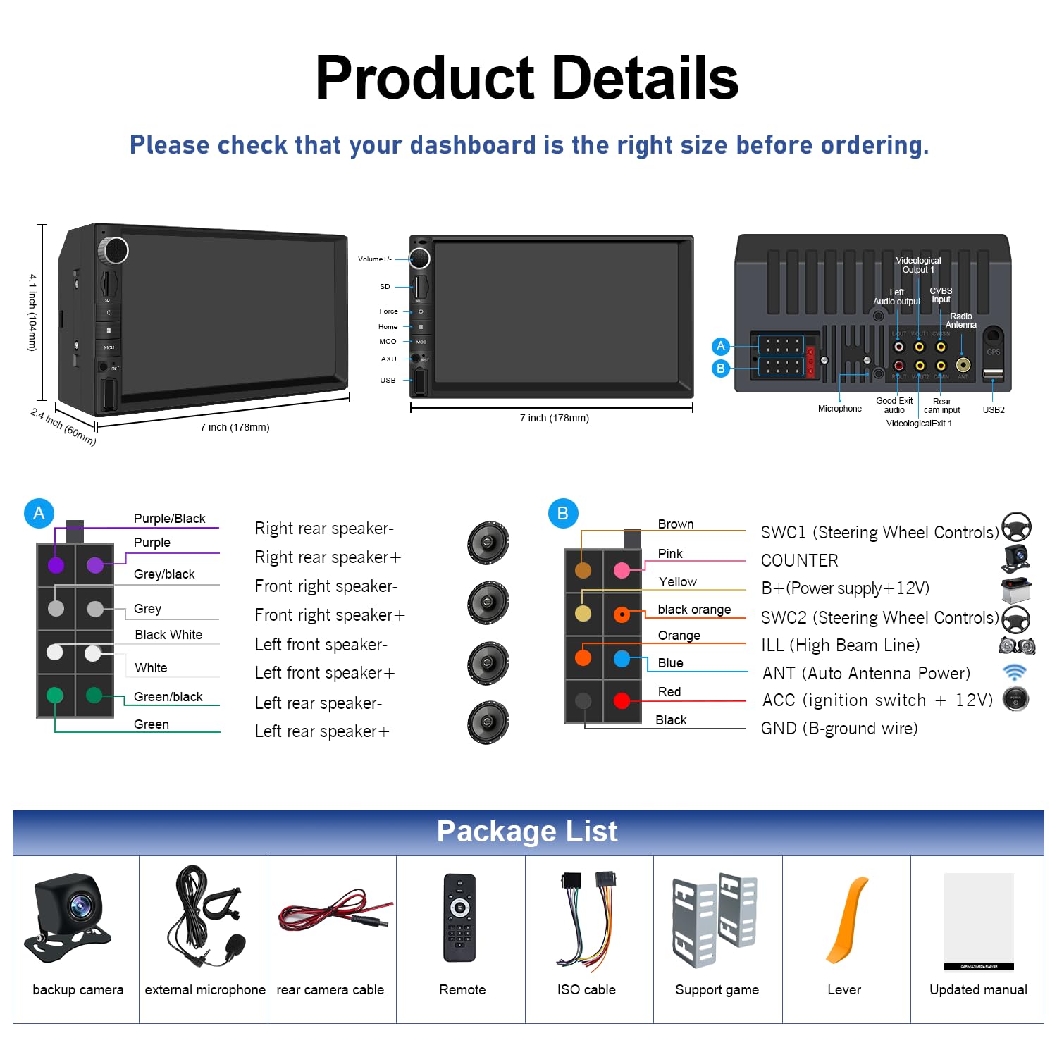 Double Din Car Stereo with Backup Camera, 7 Inch Touchscreen Car Stereo Radio Support Mirror Link, AM/FM/TF/USB/AUX, Multimedia Car Audio Receivers with Steering Wheel Control
