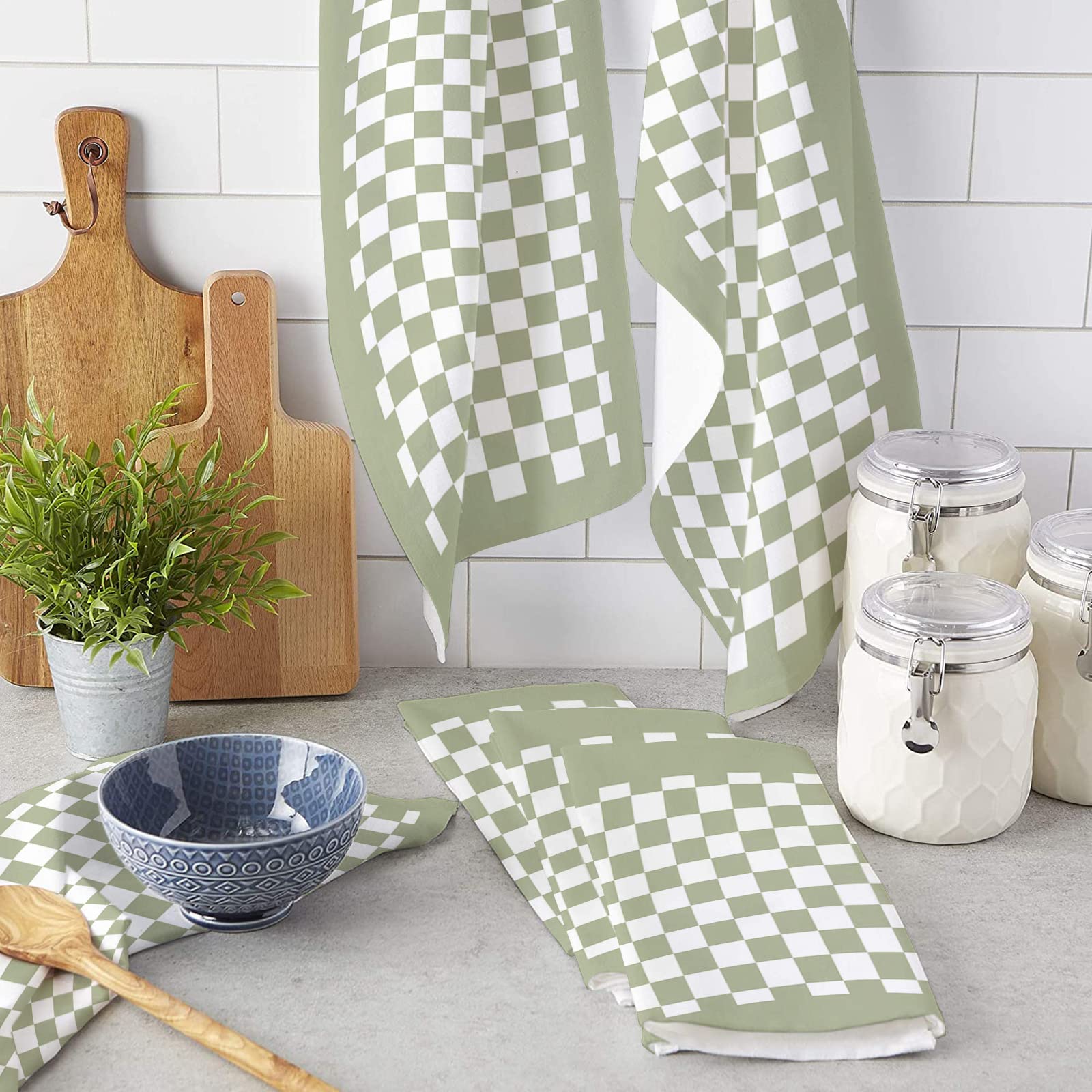 Edwiinsa Sage Green Plaid Kitchen Dish Towels and Dishcloths Sets, Country French Rustic Buffalo Check 18 X 28 Inches Absorbent Hand Towels Dish Rags with Hanging Loop for Home Cleaning (2 Pack)