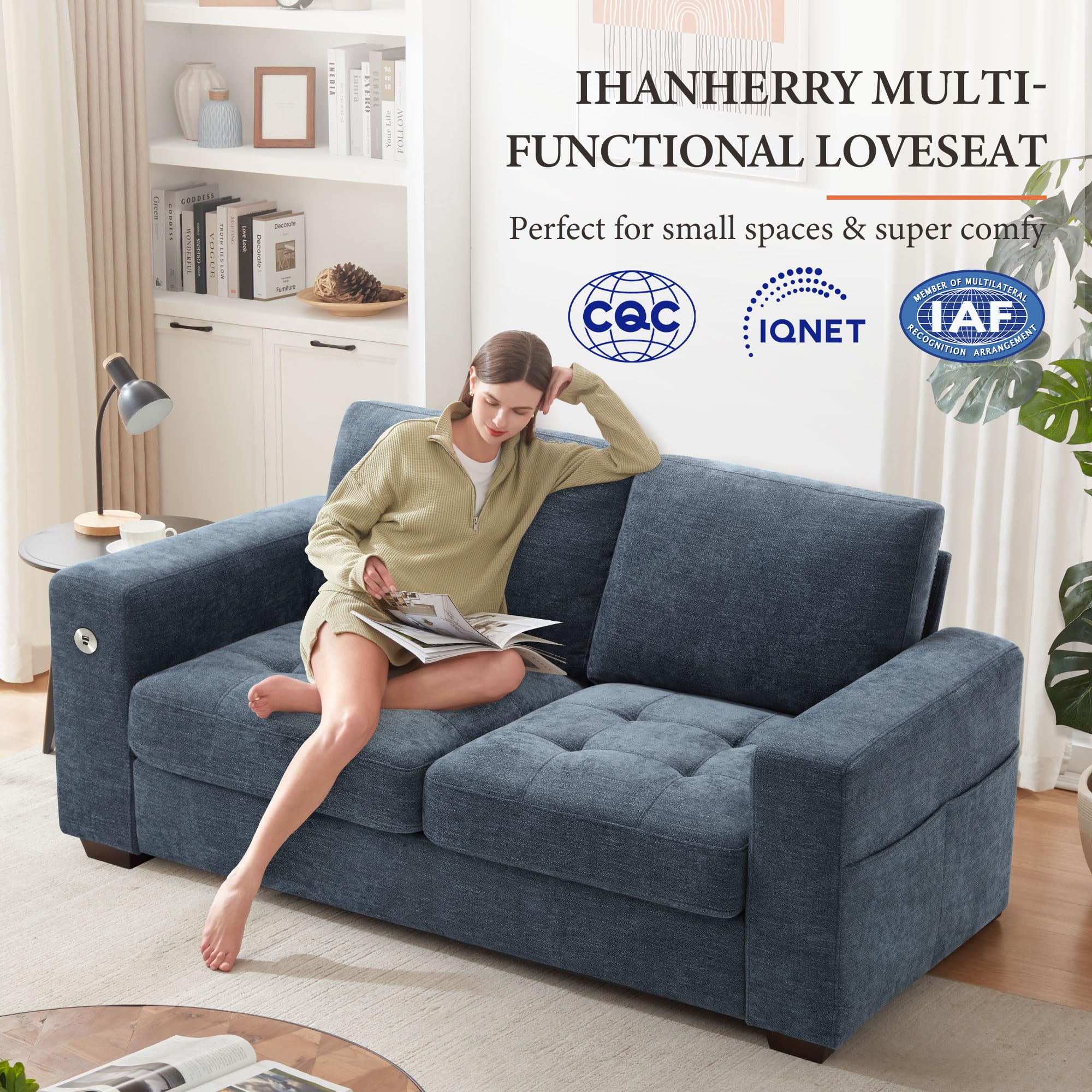 Ihanherry Sofa 70 Inch Loveseat with USB/Type-C Charging Port & Side Pocket, Comfy Modern 2-Seats Sofa for Living Room & Bedroom, Removable Medium Firm Sofa Cushion, Breathable Chenille Fabric, Blue