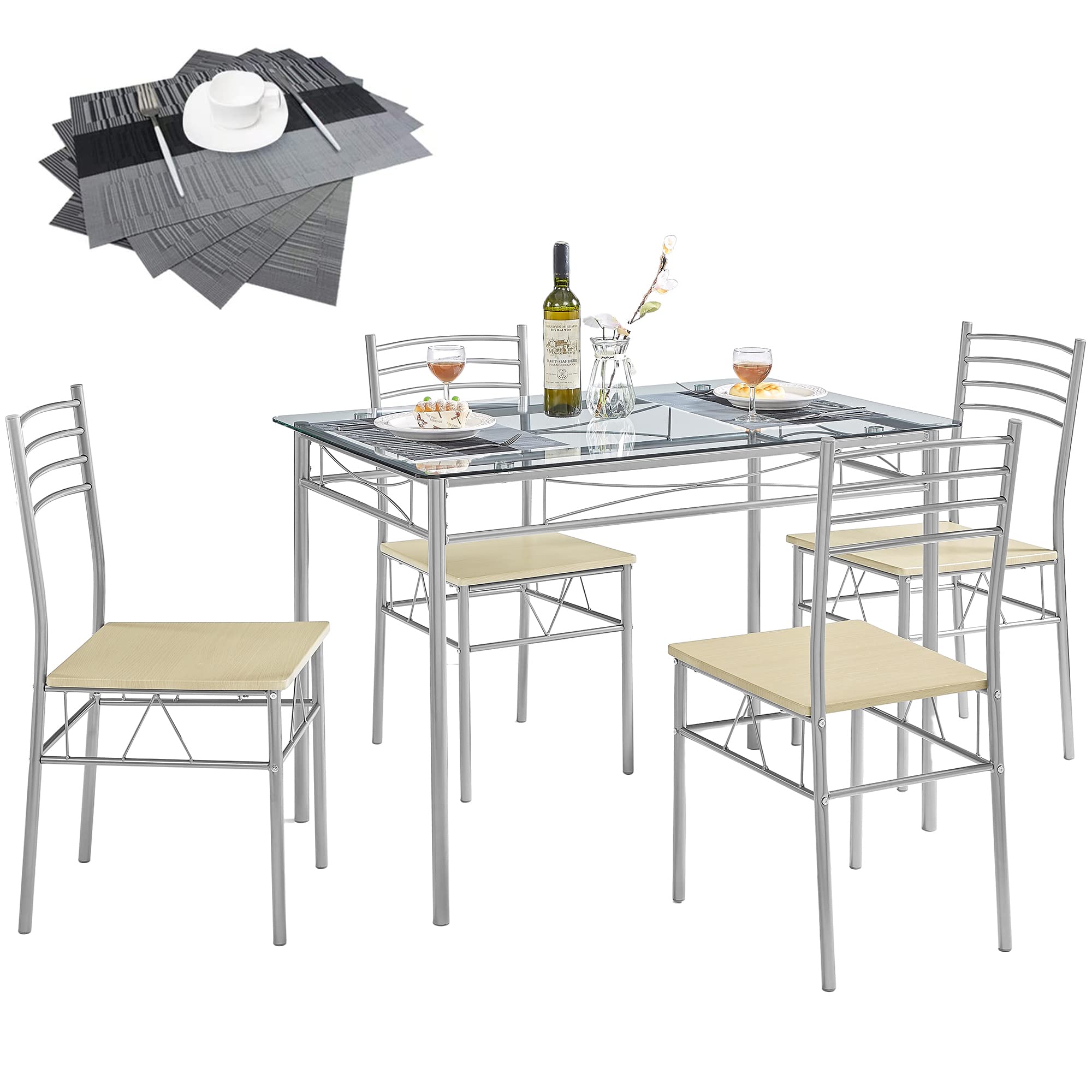 VECELO Dining Table with 4 Chairs [4 Placemats Included-] Silver X-Large