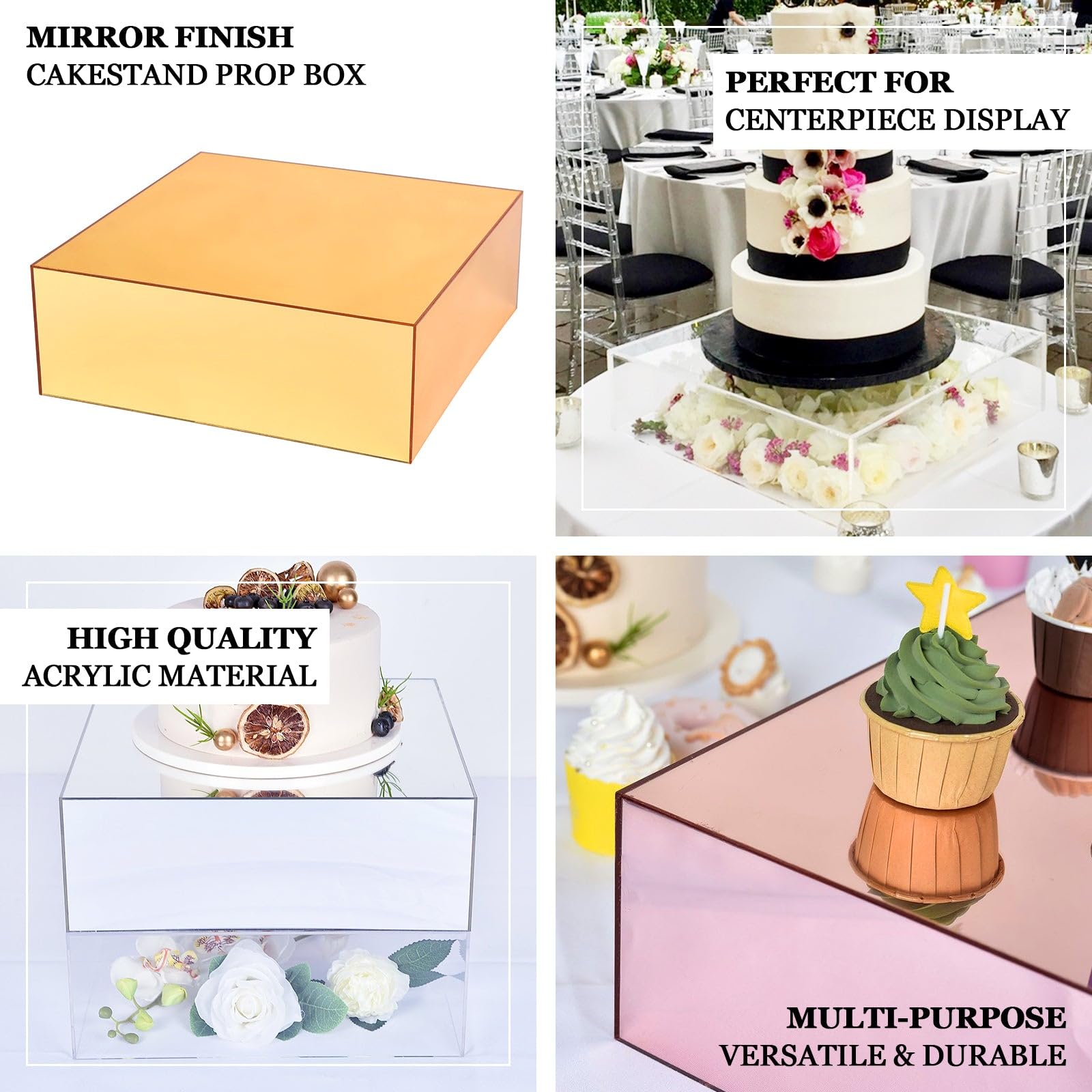 Efavormart 14"x14" | Silver Acrylic Cake Box Stand, Mirror Finish Display Box Pedestal Riser with Hollow Bottom