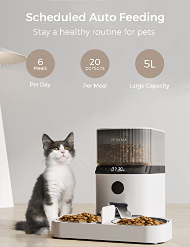 PETVIAGA Automatic Cat Feeders for 2 Cats, WiFi Cat Feeder with Lock Lid, 2-Way Splitter & Dual Bowls, Auto Pet Feeder for 2 Dogs with APP Control 1-6 Mealtimes, 20 Portions Control & Remote Feeding