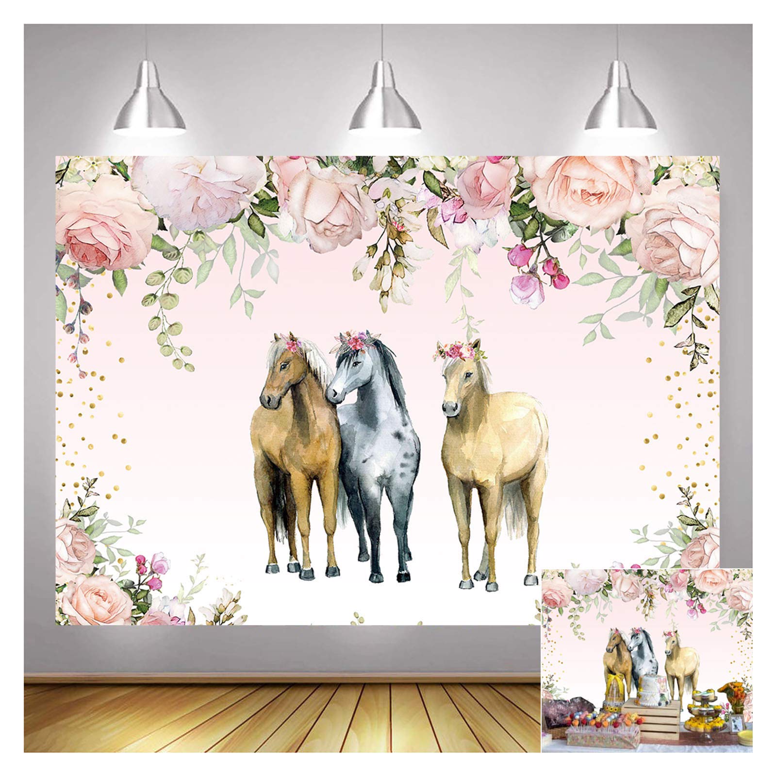 Pink Flower Countryside West Cowboy Cowgirl Horse Theme Photography Backdrop 5x3ft Children Boy or Princess Girl Birthday Photo Background Baby Shower Party Supplies Banner Cake Table Decor Vinyl