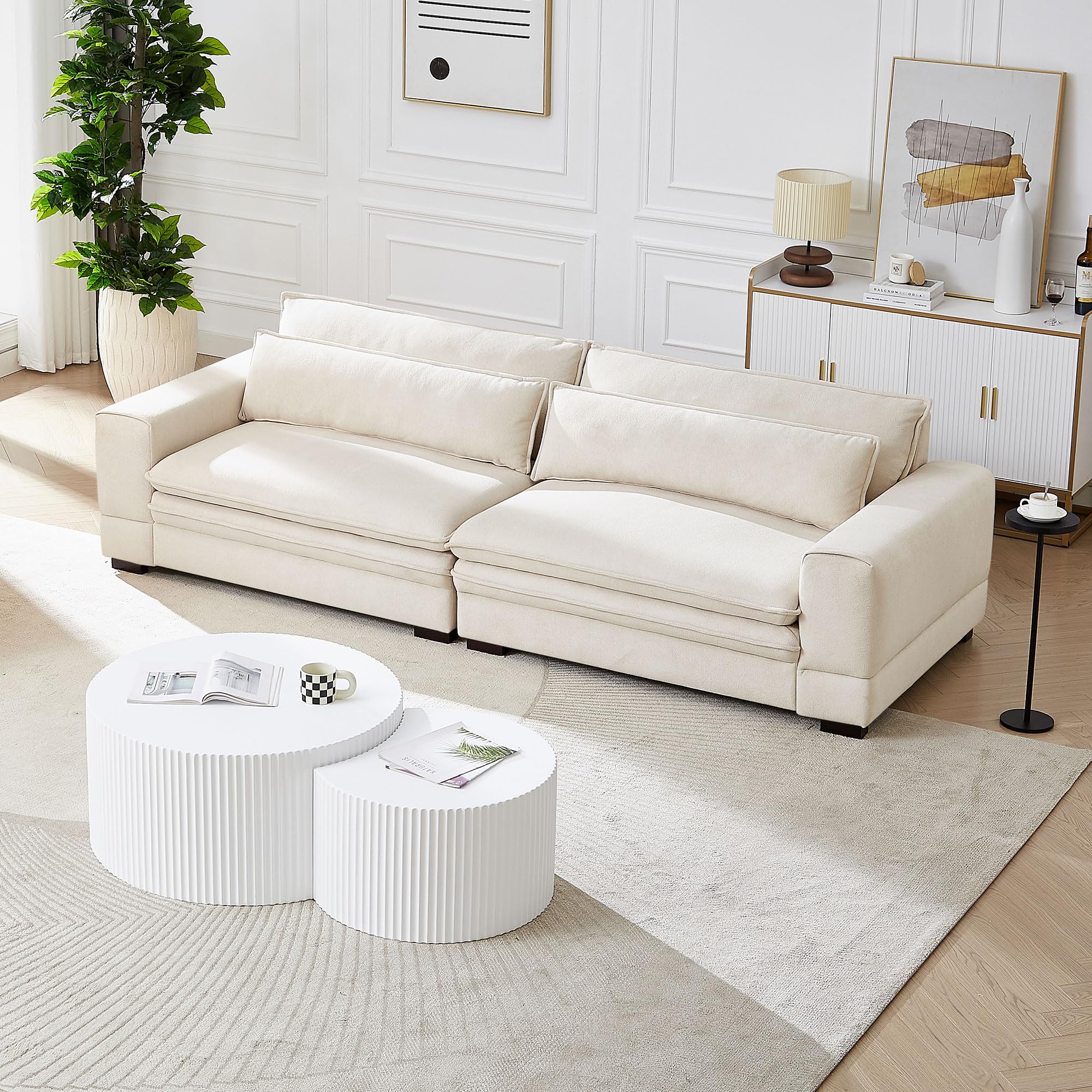 JUSTONE 126" Curved Sofa Modern Curved Couch Living Room, Upholstery Boucle Sofa Couch with 2 Pillows,4-Seat Sofa Couch for Apartment,Living Room (Right-Facing,Light Cream)