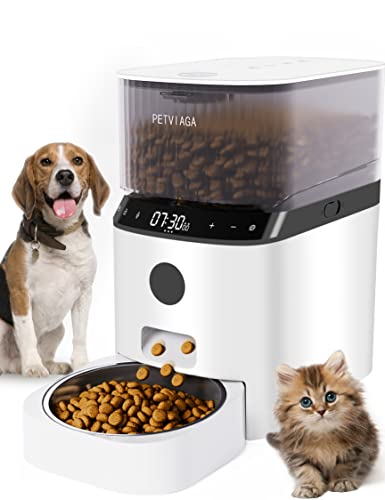 PETVIAGA Automatic Cat Feeders with Timer, 5L Timed Dog Food Dispenser with Desiccant Bag & Stainless Steel Bowl, Auto Pet Feeder for Dry Food with 1-6 Feeding Meals, Portions Control & 10s Recording