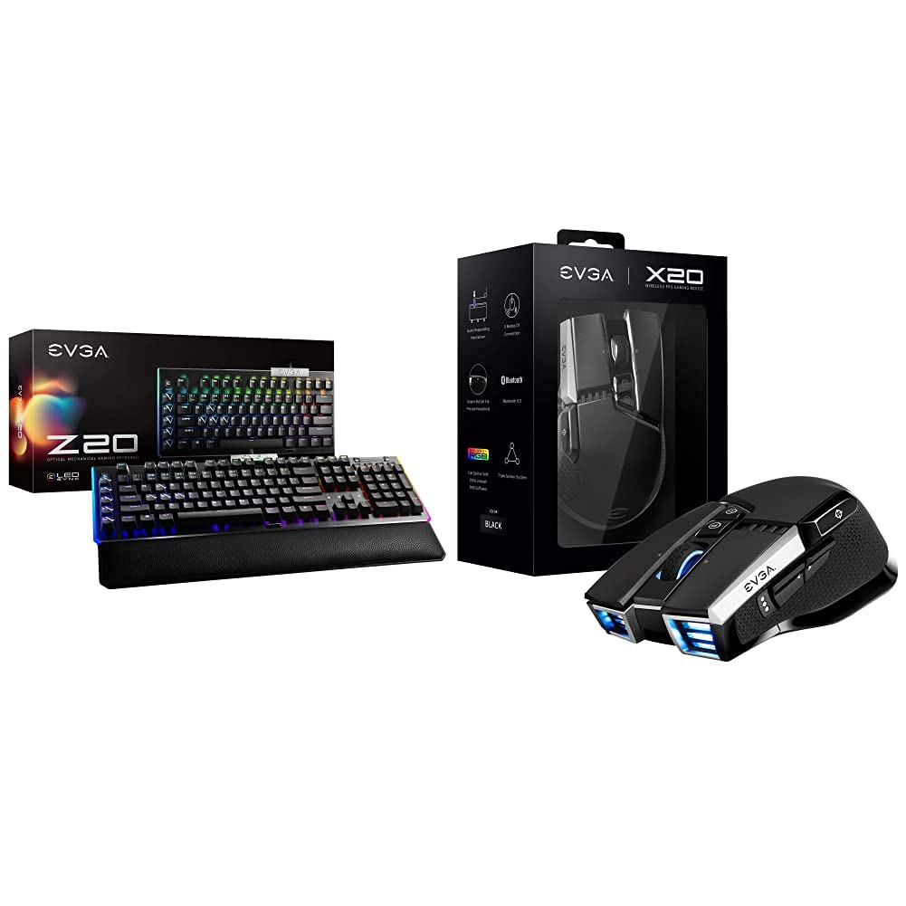 EVGA Z20 RGB Optical Mechanical Gaming Keyboard X20 Gaming Mouse, Wireless, Black, Customizable, 16,000 DPI, 5 Profiles, 10 Buttons, Ergonomic 903-T1-20BK-KR