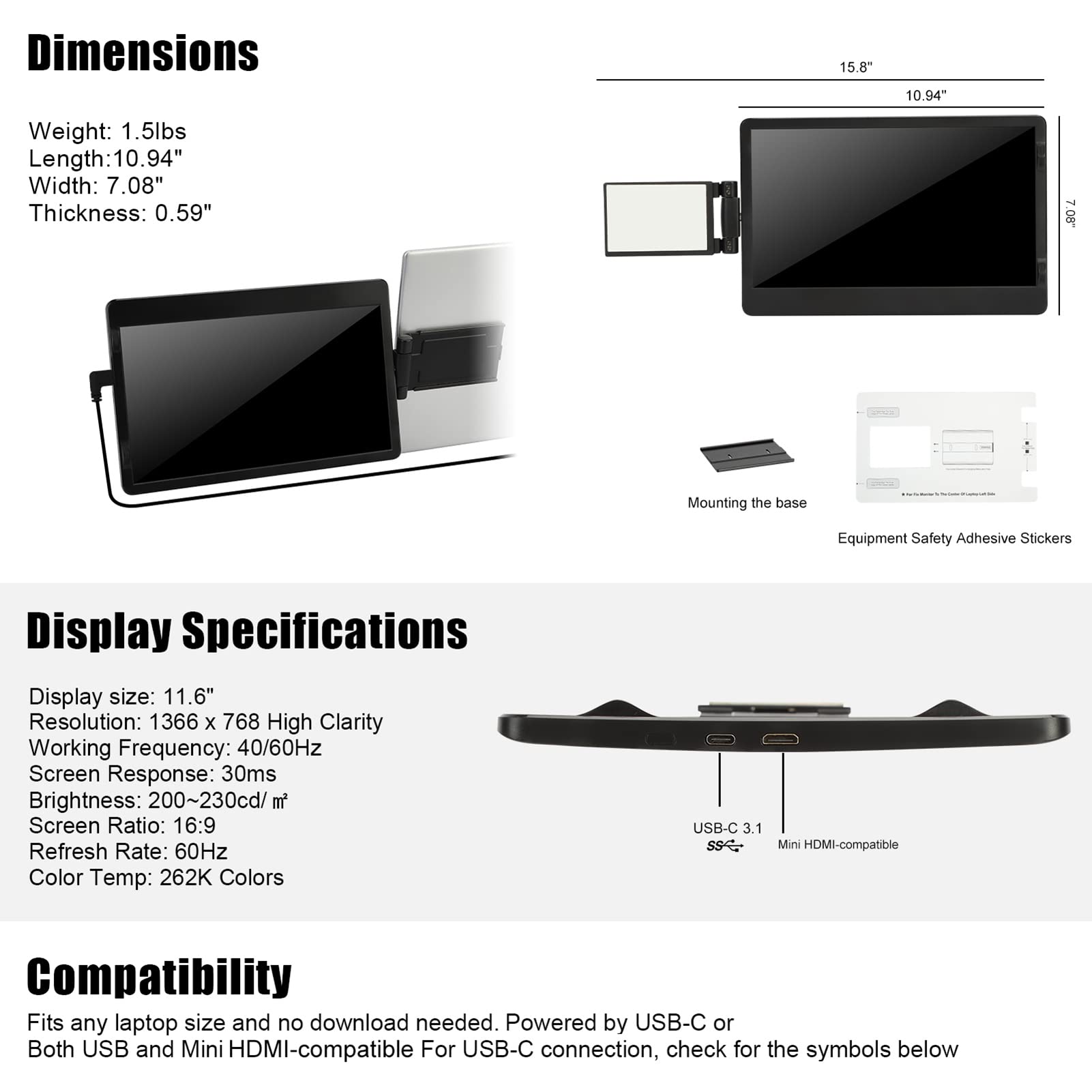 Frogued Laptop Screen Extender, 11.6-inch EM116 Portable Monitor Ultra-Thin High Resolution Panel Wide View Eye Protection Extend Screen Type-C 3.1