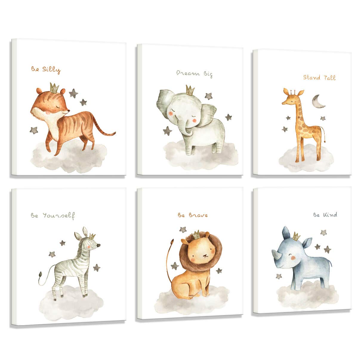 Nursery Decor Woodland Animals Canvas Art Wall Decor Baby Room Decor Elephant Wall Decor Watercolor Fox Giraffe Zebra Lion Inspirational Quotes Prints Framed Wall Art Bedroom Decorations 8x10inchx6pcs