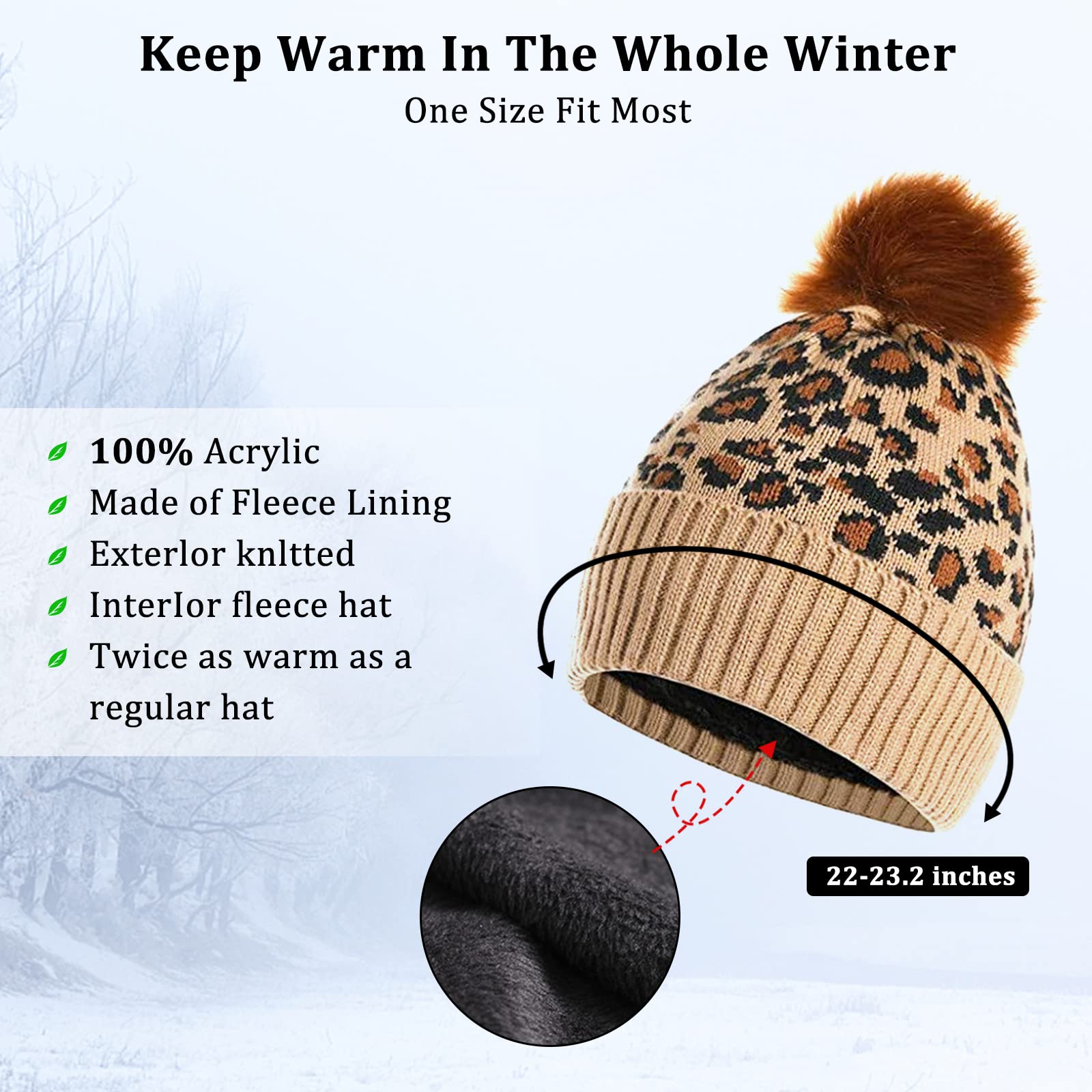 CNCHUROU Winter 3 in 1 Scarf Hat Glove Set for Women Beanie Hat Long Scarf Touch Screen Gloves Leopard Knitted with Pom