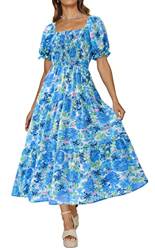 PRETTYGARDEN Women's Summer Puff Sleeve Floral Maxi Dress Square Neck Smocked Boho Flowy A Line Casual Beach Long Dresses (Big Floral White and Blue,Large)