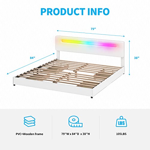 Mjkone LED Bed Frame King Size with Adjustable LED Lights Headboard Upholstered Platform Bed with 4 Storage Drawers, Smart Bed Compatible with Alexa&Google, No Box Spring Needed, Easy Assembly,White
