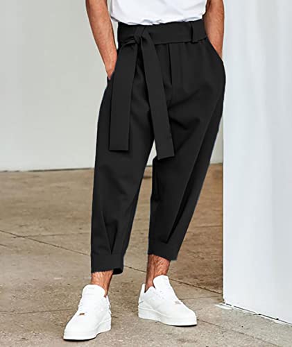 SOMTHRON Men's Harem Cropped Pants Elastic Waist Belted Baggy Bow Tie Beach Yoga Ankle Length Trousers BL-L Black