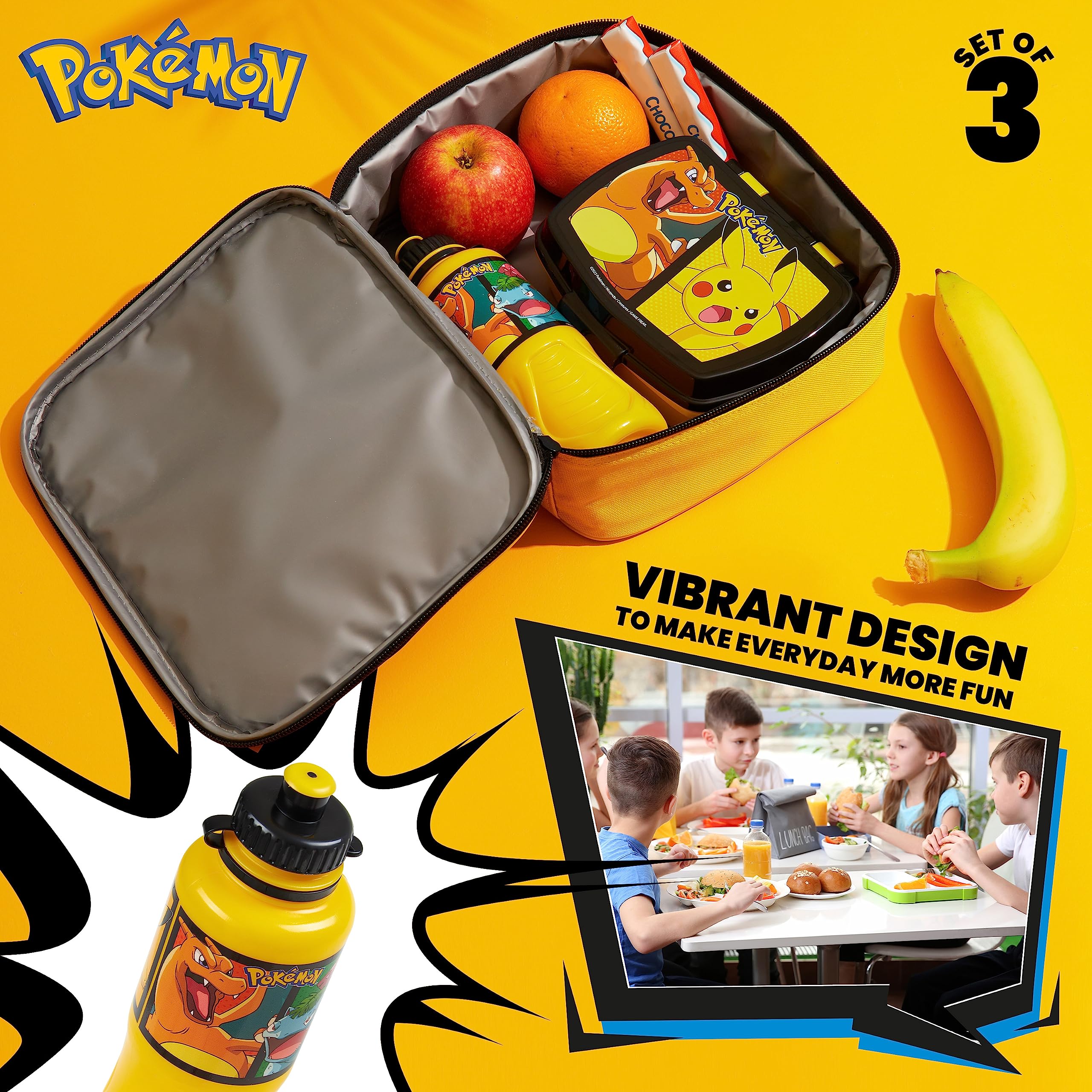 Pokemon Kids Insulated Lunch Bag, Lunch Box and Water Bottle, 3 Piece Set (Amarillo)