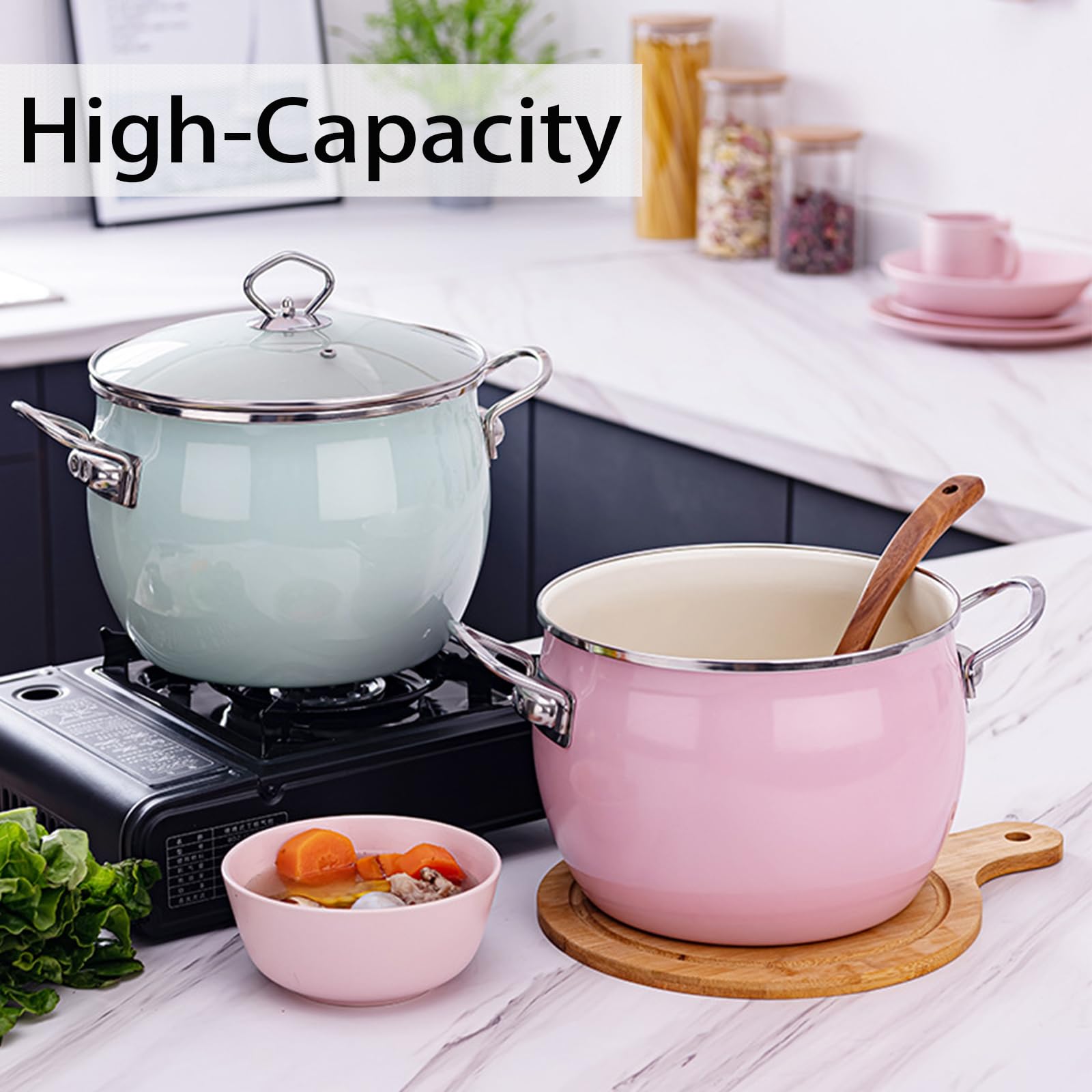 JUSTUP Enamel Stock Pot with Lid, 6-Quart Soup Pot with Circular Handle,Large Cooking Pot Boiling Pot for Gumbo, Stew, Boil, Pasta,Sauce (Pink), 13*9*6.7 Inch