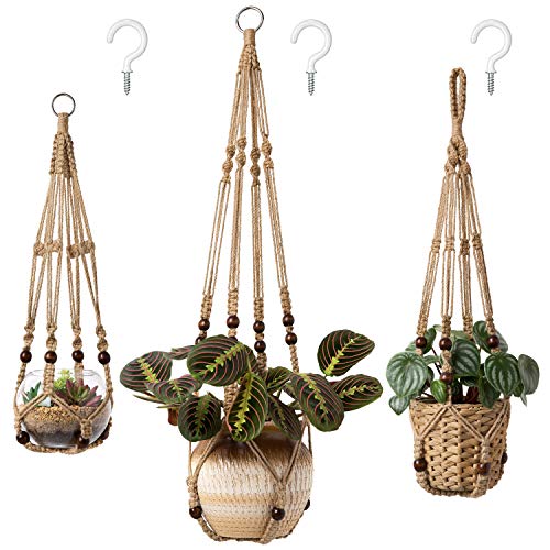 Mkono 3 Pack Macrame Plant Hangers Indoor Different Size Hanging Planter Basket Flower Pot Holder with Beads No Tassels 35"/29"/23", Medium, Brown