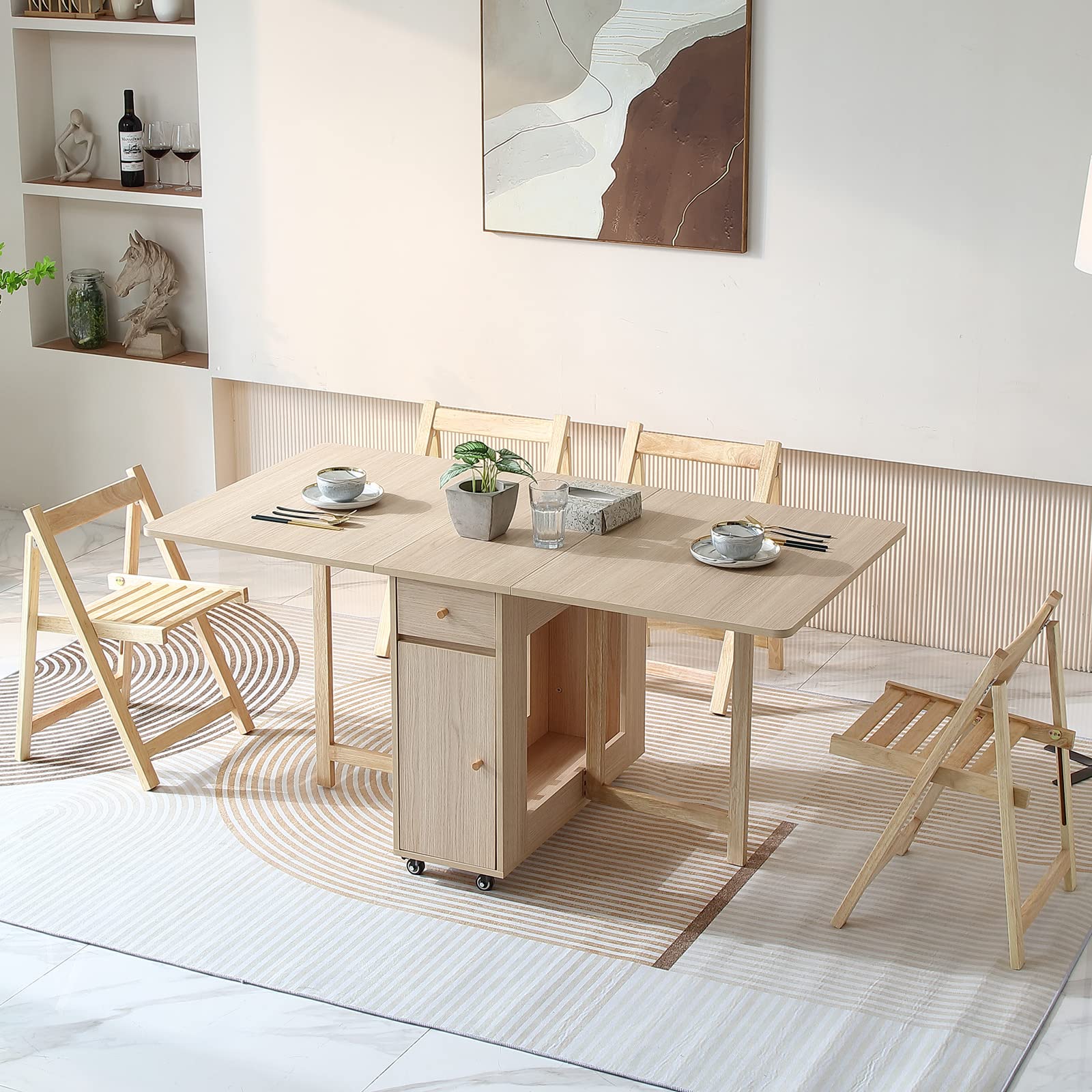 COMUHOME Wood Drop Leaf Folding Dining Table with 2 Drawers and 4 Wheels, Wood Folding Chair Set of 2, Space Saving Dining Set for Living Room, Kitchen and Office
