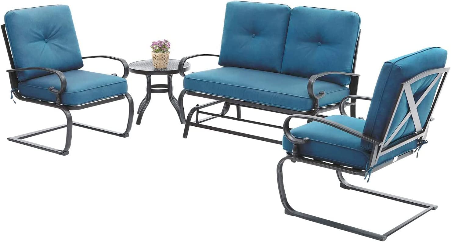 Incbruce 4Pcs Outdoor Metal Furniture Patio Conversation Sets (Glider, Bistro Table, 2 Spring Lounge Chairs) - Wrought Iron Outdoor Glider Chairs Sets (Peacock Blue)