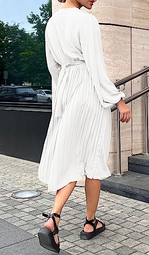 PRETTYGARDEN Women's Fall Midi Dress Long Puff Sleeve Wrap V Neck Flowy Ruffle Pleated Casual Dresses (White,Large)