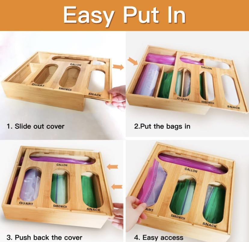 CNL DESIGNS INC. Bamboo Ziplock Bag Organizer for Drawer, Food Storage Organizer, Sandwich Bag Organizer for Kitchen, Compatible with Gallon, Quart, Sandwich & Variety Snack Size Bags.