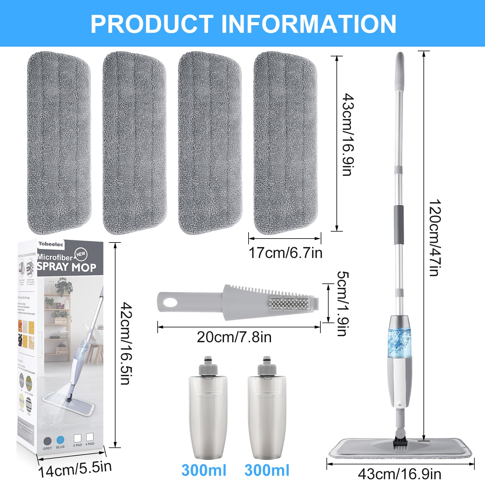 Tobeelec Spray Mop for Floor Cleaning, Microfiber Floor Mop Dry Wet Mop for Laminate Tile Ceramic Hardwood Wooden Vinyl with 4 Reusable Pads & 2 Refillable Bottle & 1 Scraper(Gray)