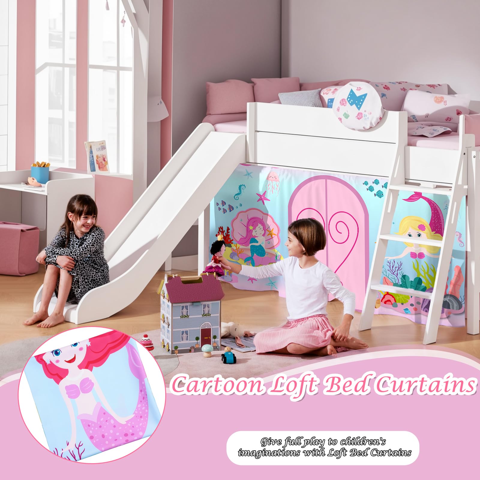 YRDKB Mermaid Bunk Bed Curtains - 45H Premium and Customizable Cartoon Loft Bed Curtains for Children to Enhance The Imaginative Creation Bedroom Curtains(3PCS,Twins)