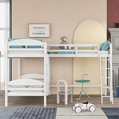 STP-Y Twin Over Twin Bunk Bed with 2 Ladders, Twin L-Shaped Bunk Bed and Loft Bed with Full-Length Guardrail, 3 Solid Wooded Bed Frames for Kids (White)
