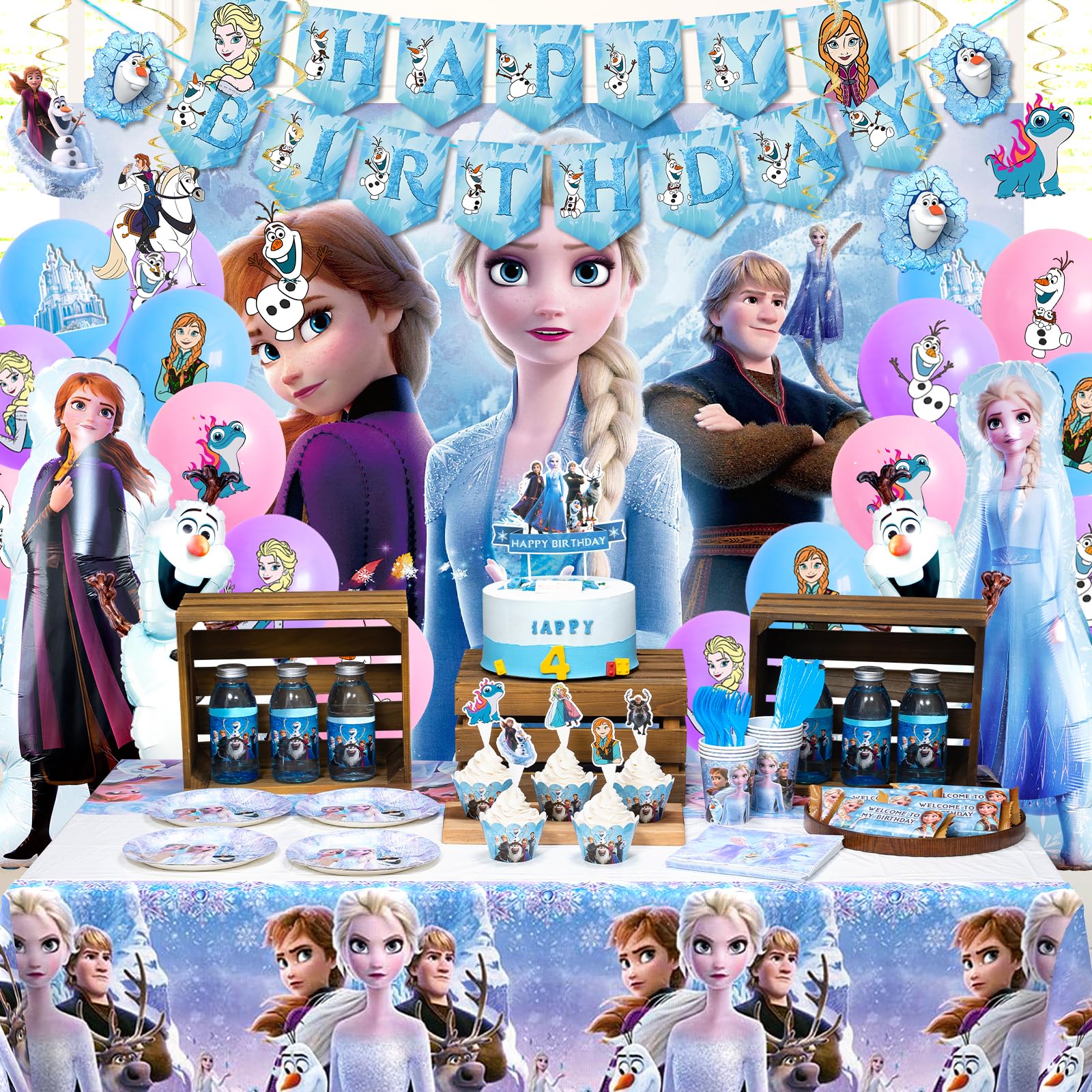 Frozen Birthday Party Supplies,191pcs Cartoon Theme Style Party Decorations Include Happy Birthday Banner,Backdrop,Plates,Tablecover,Cake Toppers
