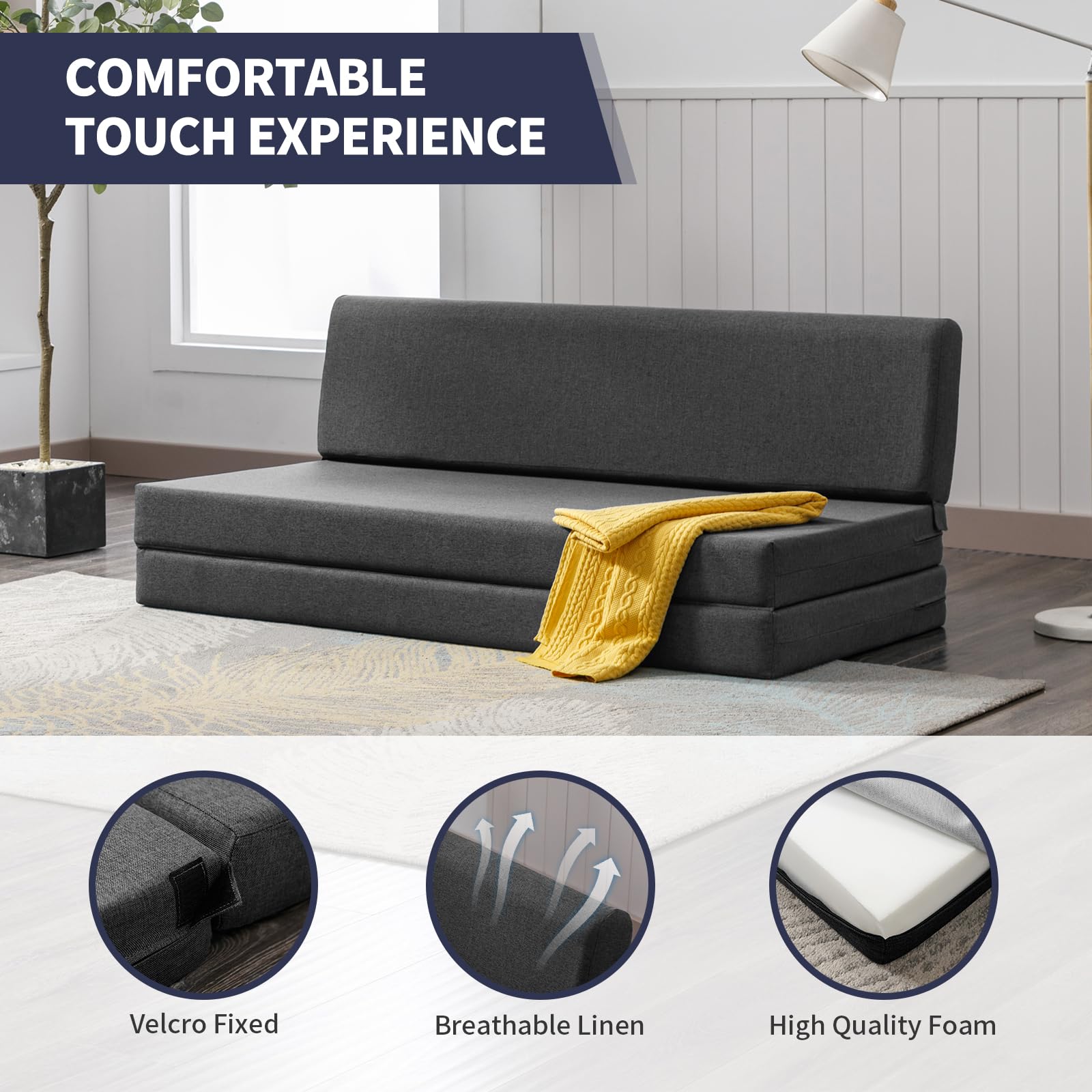 ijuicy Folding Mattress Sofa, Full Convertible Couch Sleeper Bed, 5" Folding Futon Sofa Bed, Floor Chaise Lounge, Portable Couch Bed for Living Room, Bedroom & Guest Room (Full/Dark Grey)